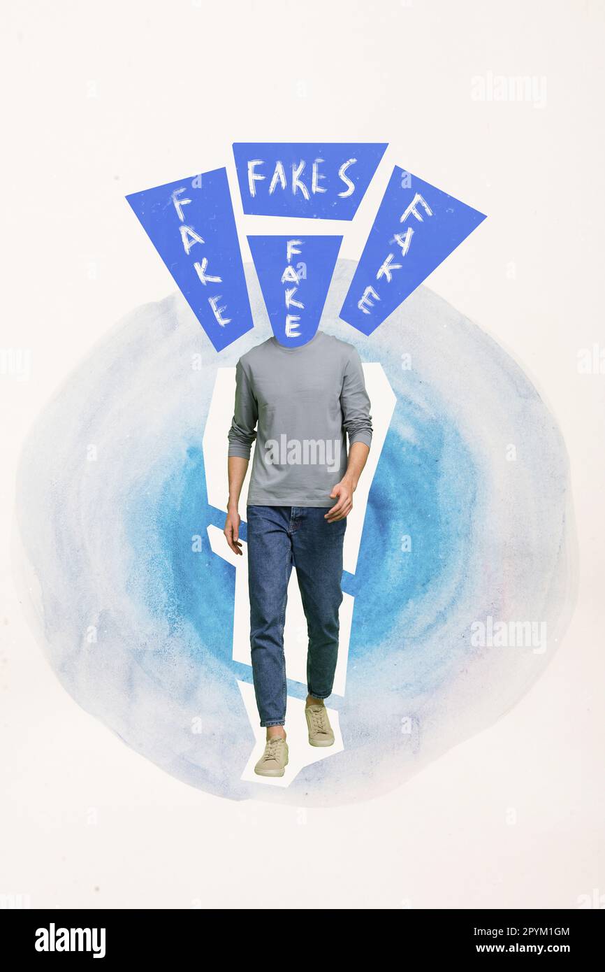 Vertical collage picture of walking guy fake word text instead head ...