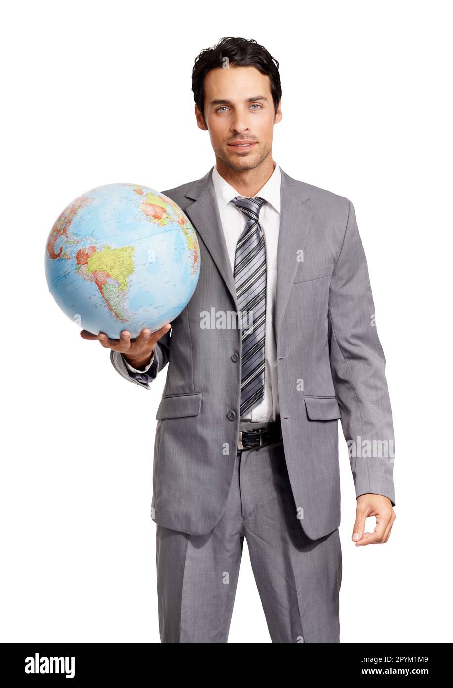 Portrait, globe and a business man holding a world map isolated on a ...