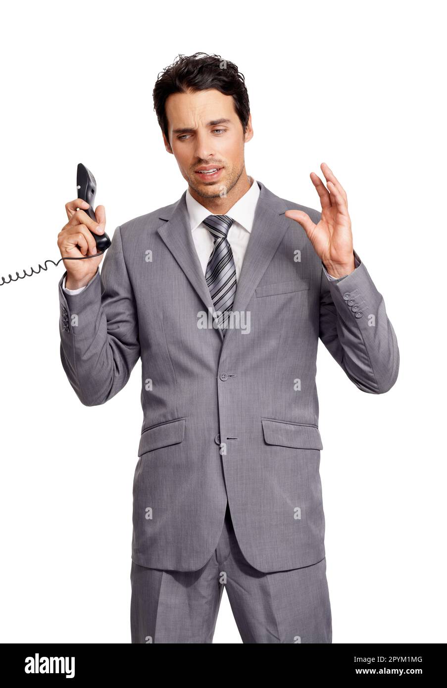 Fight, telephone and serious business man isolated on a transparent png ...