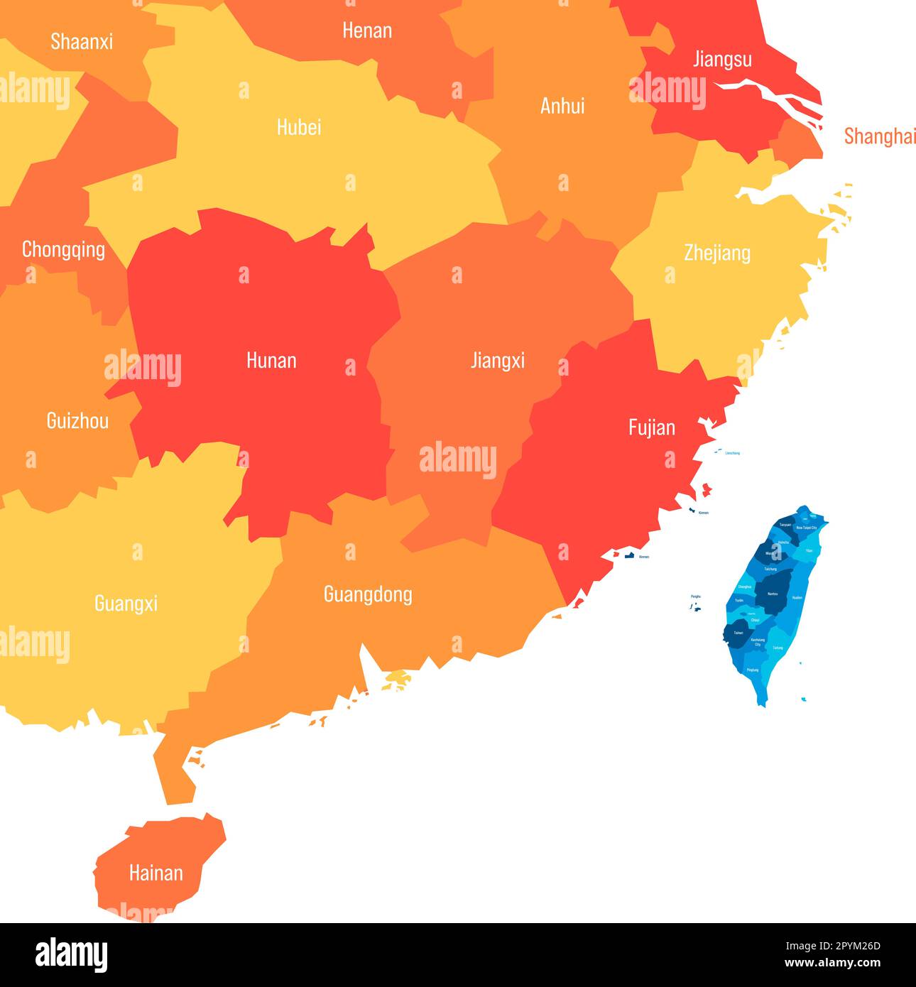 Political map of Taiwan and China focused on Taiwan and the nearest ...