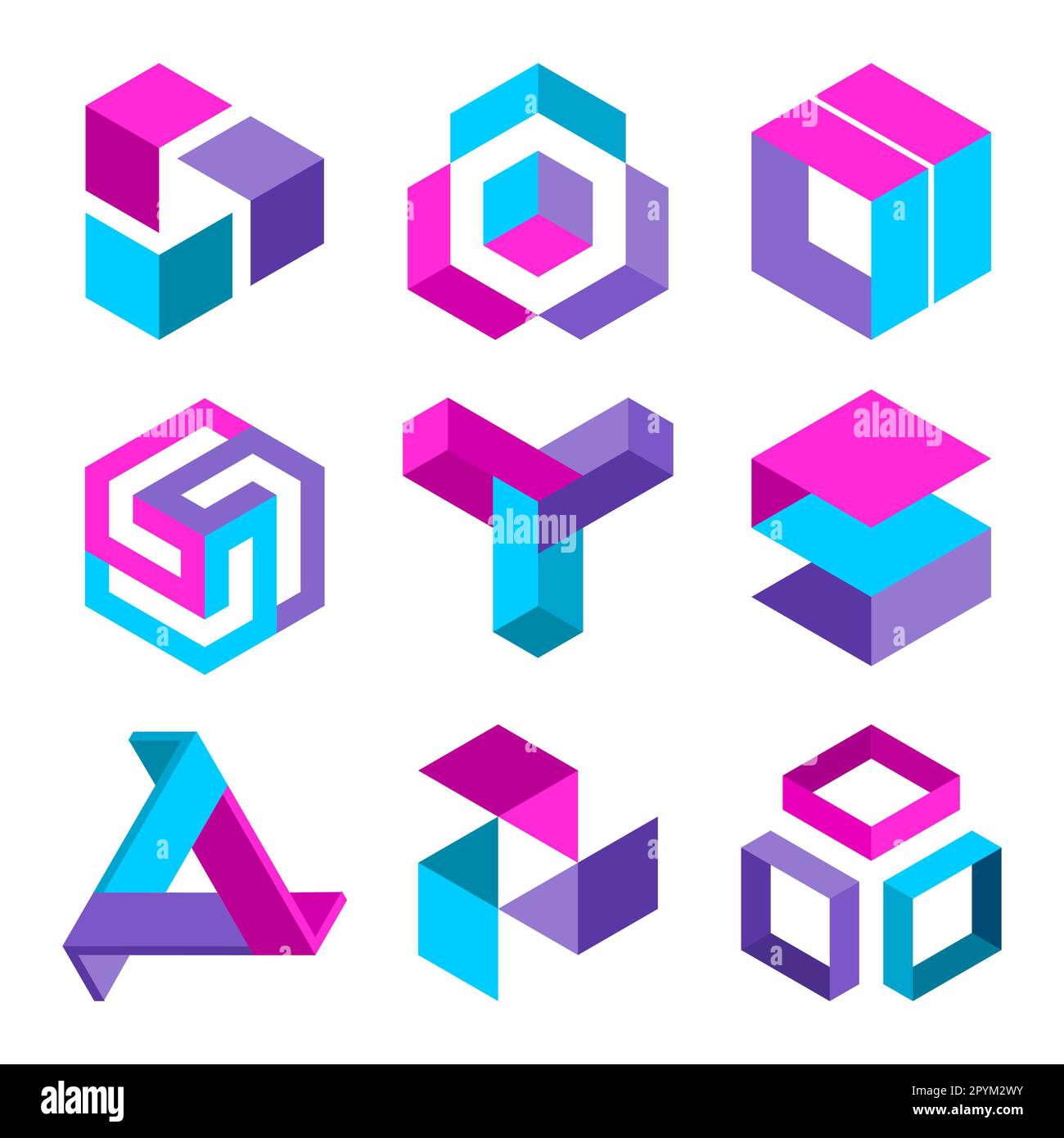 Colorful geometric elements. Group of cubic 3D graphic shapes ...