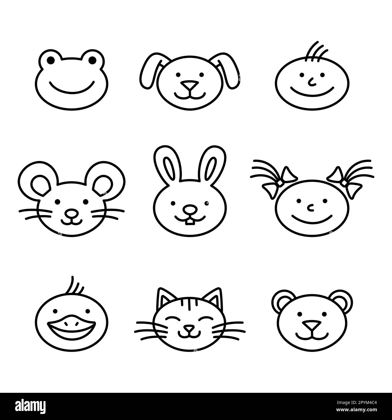 Animal and children faces. Doodle style. Hand drawn characters. Animal ...