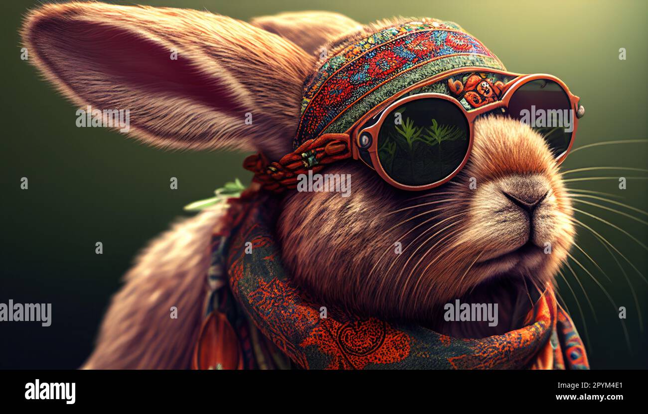 A fun hippie rabbit that wears design glasses and colored scarves Stock ...