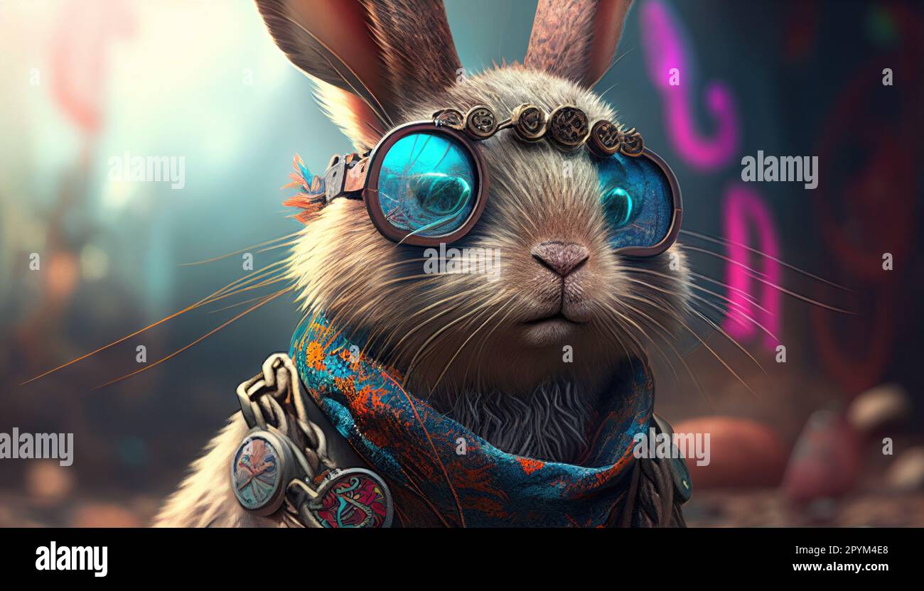 A fun hippie rabbit that wears design glasses and colored scarves Stock ...