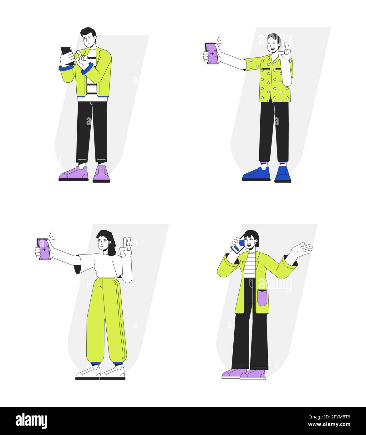 People using mobile devices flat line vector spot illustration set ...