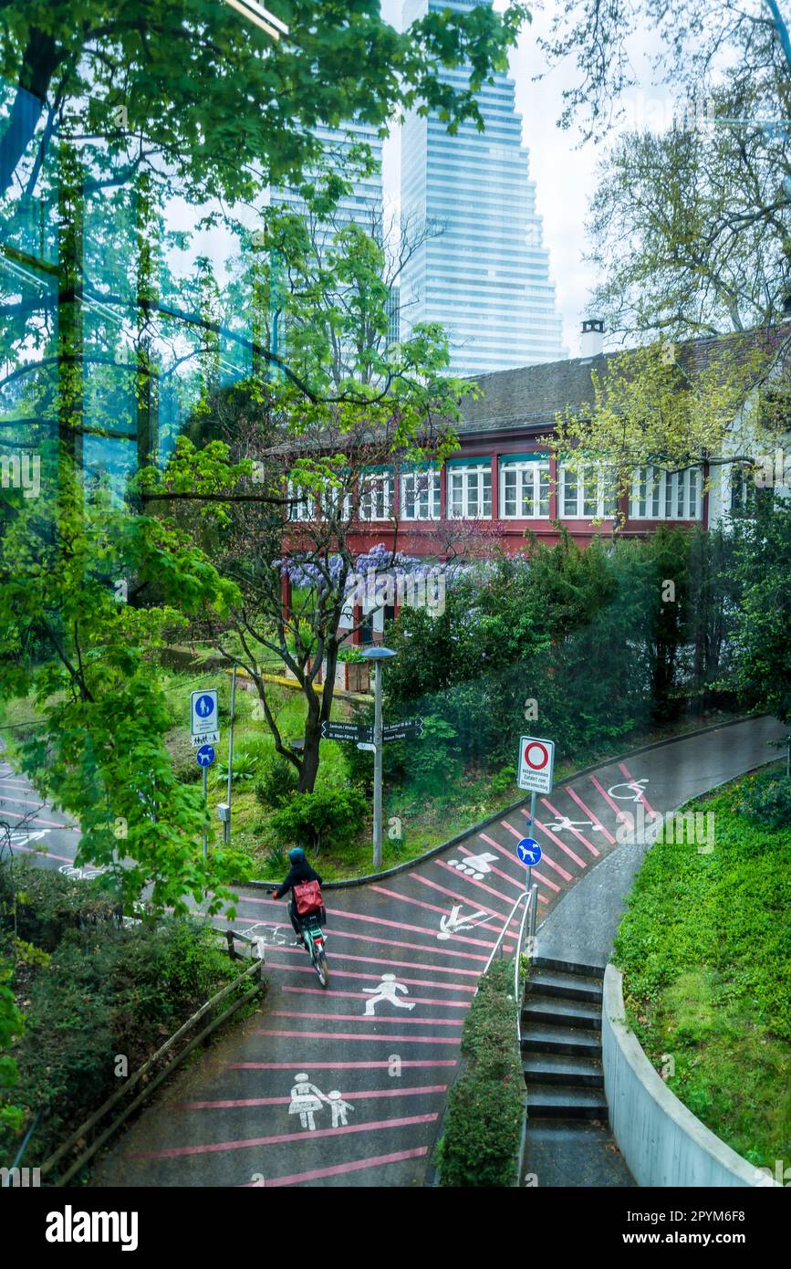 view of the pedestrian and cyclist path along the river Rhine, Basel ...