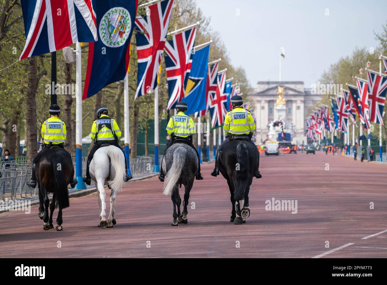 London UK. 4 May 2023. Mounted police riding on The Mall with two days ...