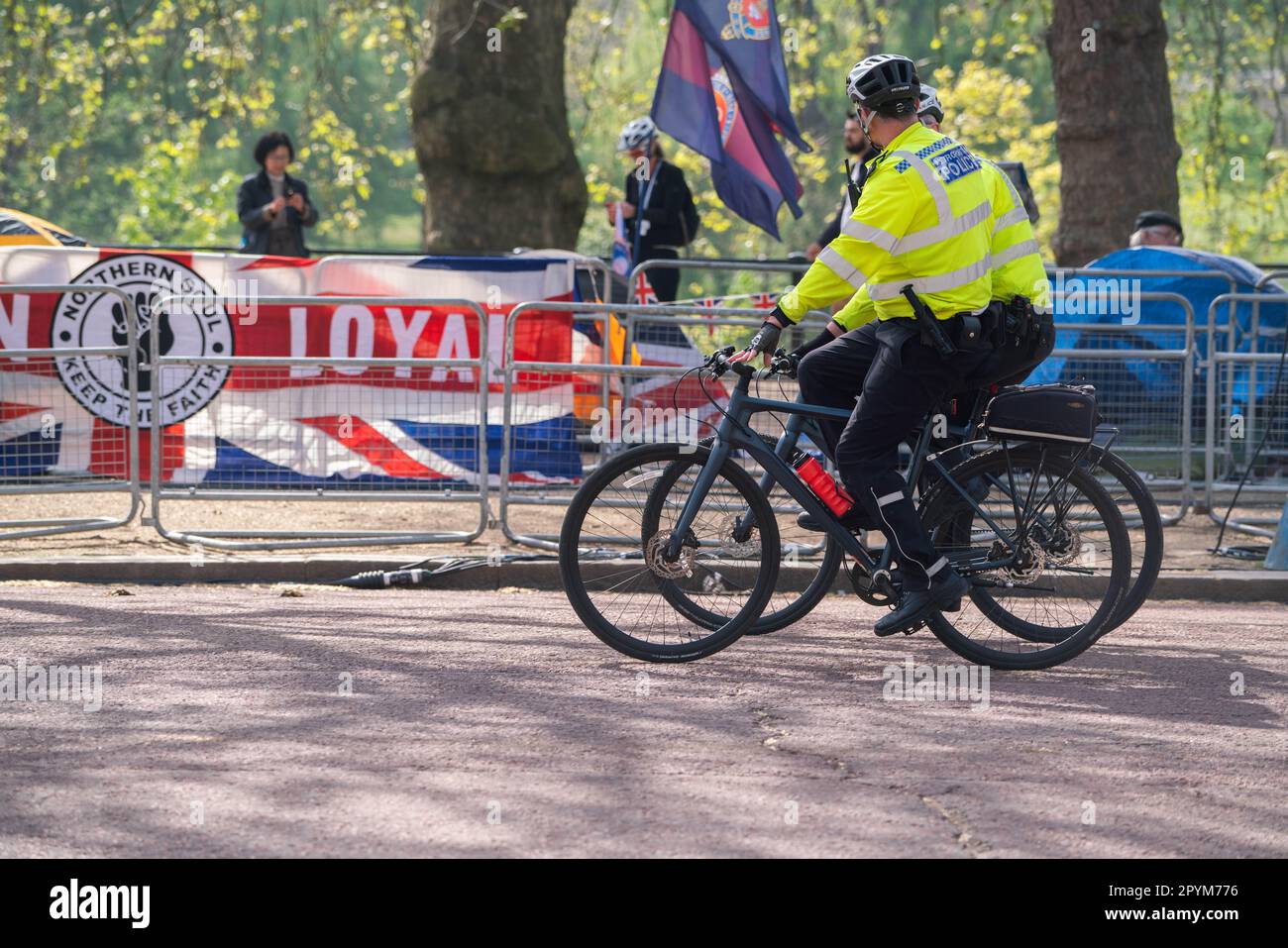 London UK. 4 May 2023. Police officers riding on The Mall with two days ...