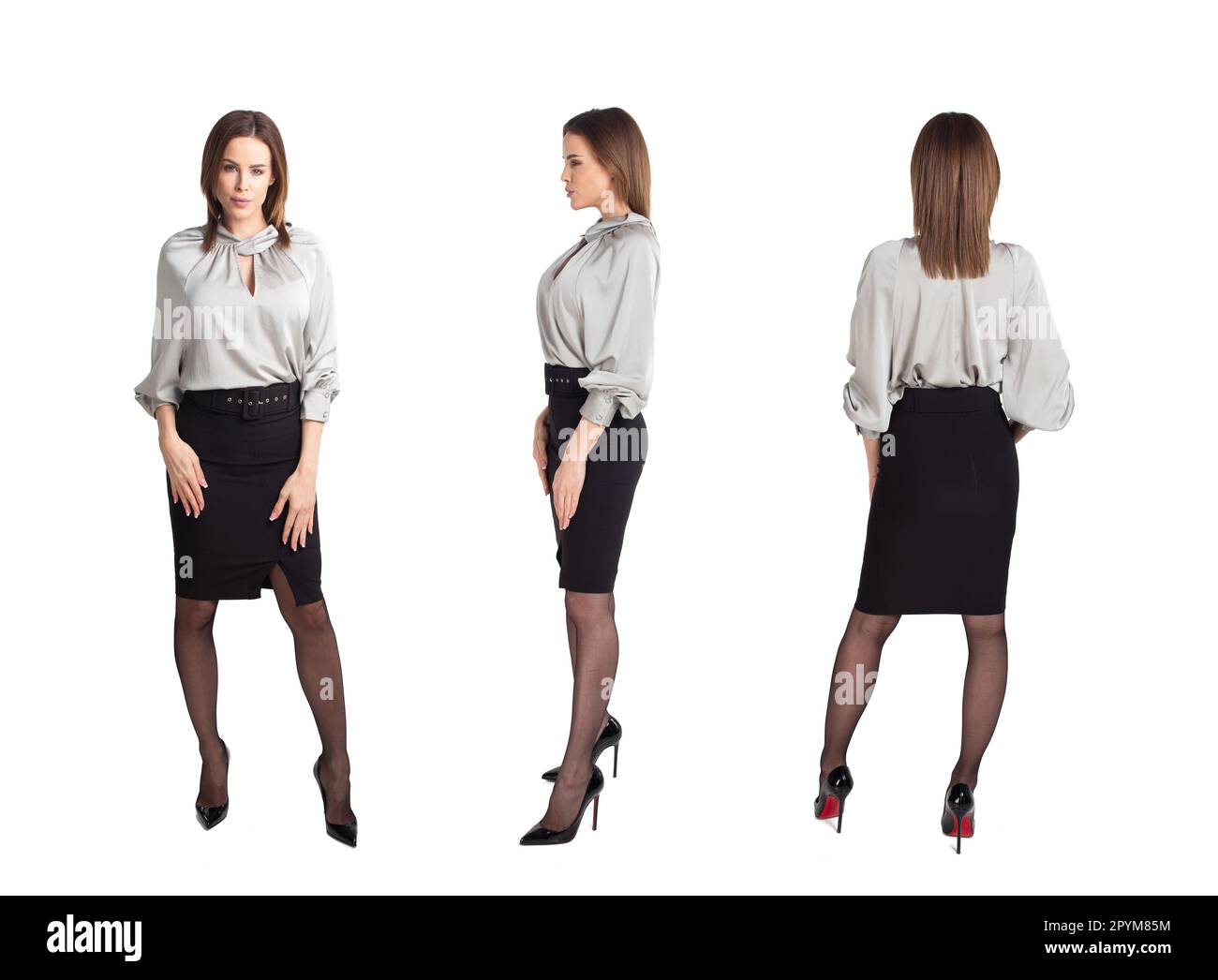 30s caucasian businesswoman front, back, side view, isolated on white ...