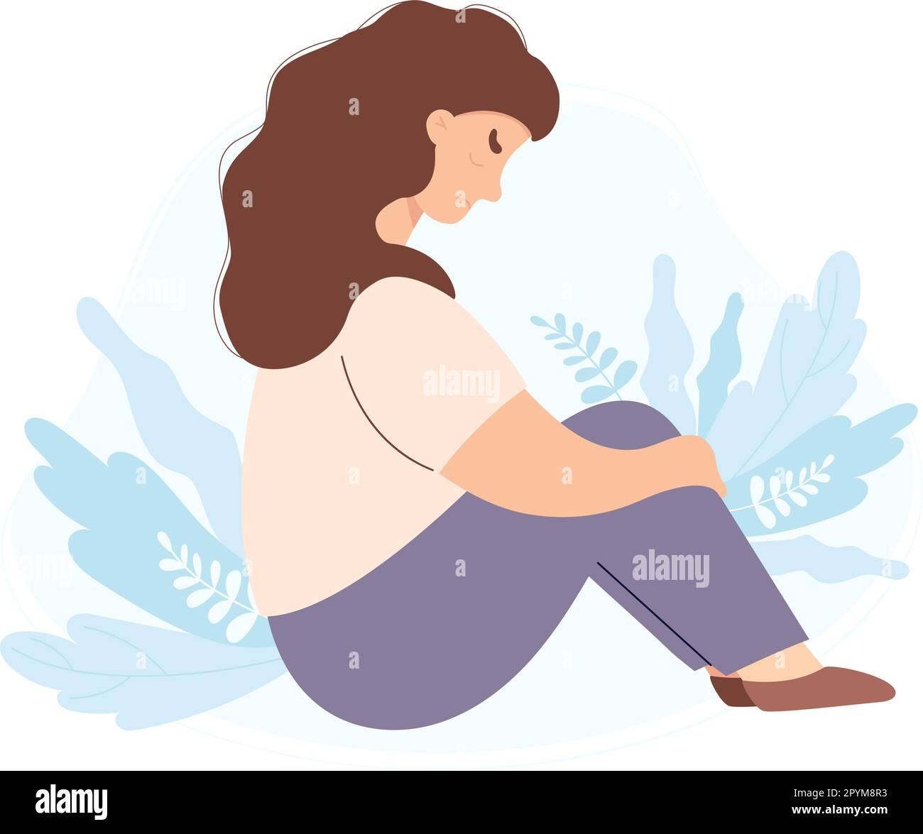 Sad lonely unhappy woman sits and hugs her knees. Concept of person ...