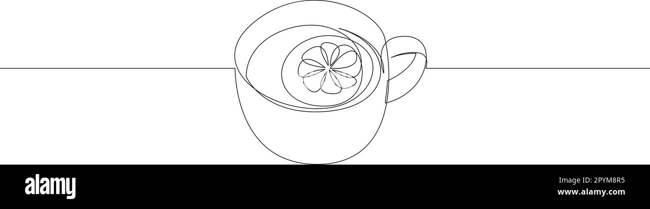 One continuous line drawing of cup of tea with lemon. Teacup modern ...
