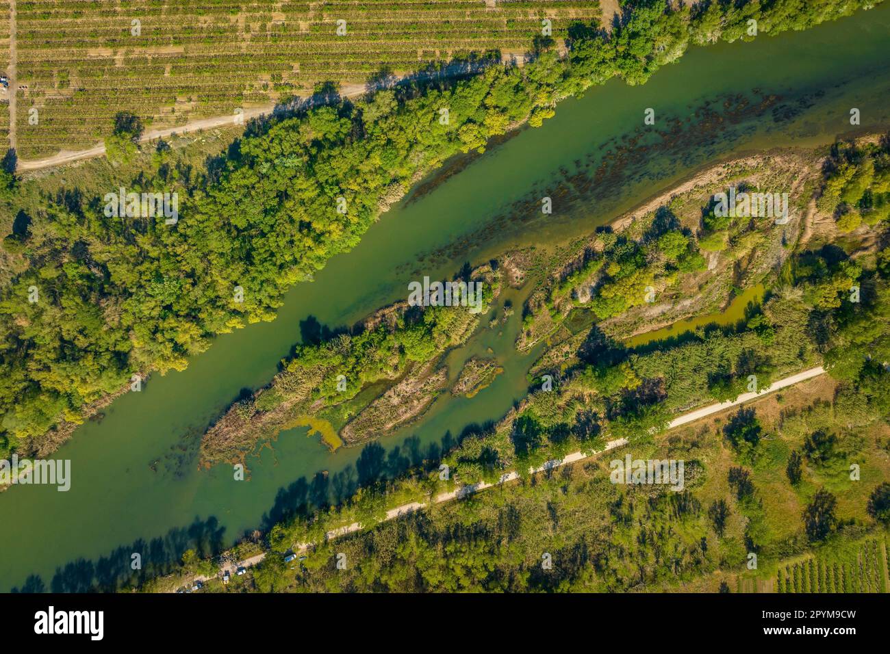 Aerial view of the confluence between the rivers Segre, Cinca and Ebro ...