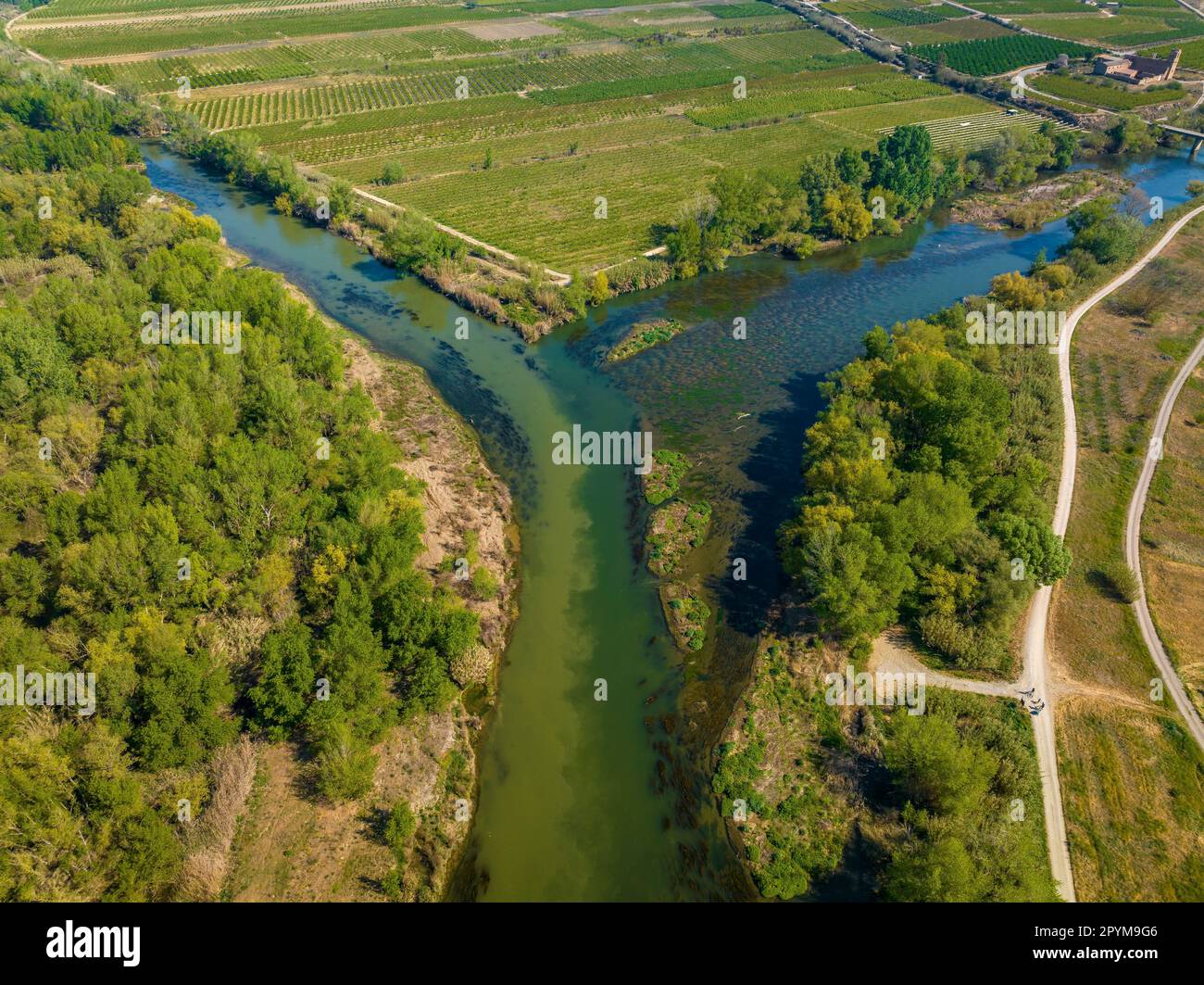 Aerial view of the confluence between the rivers Segre, Cinca and Ebro ...