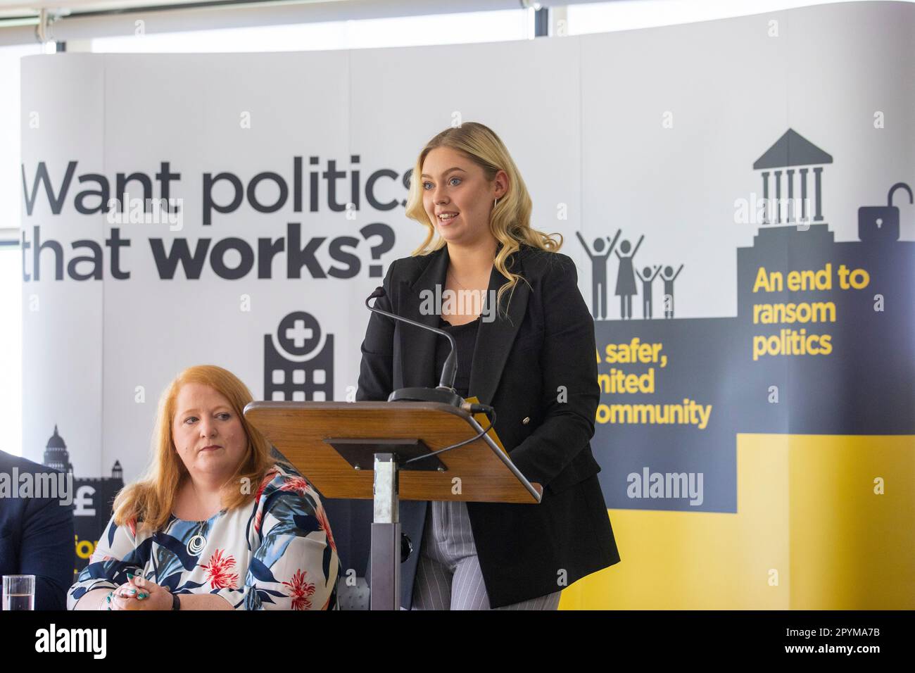 Alliance party's candidate for Limavady DEA, Amy Mairs speaks during ...