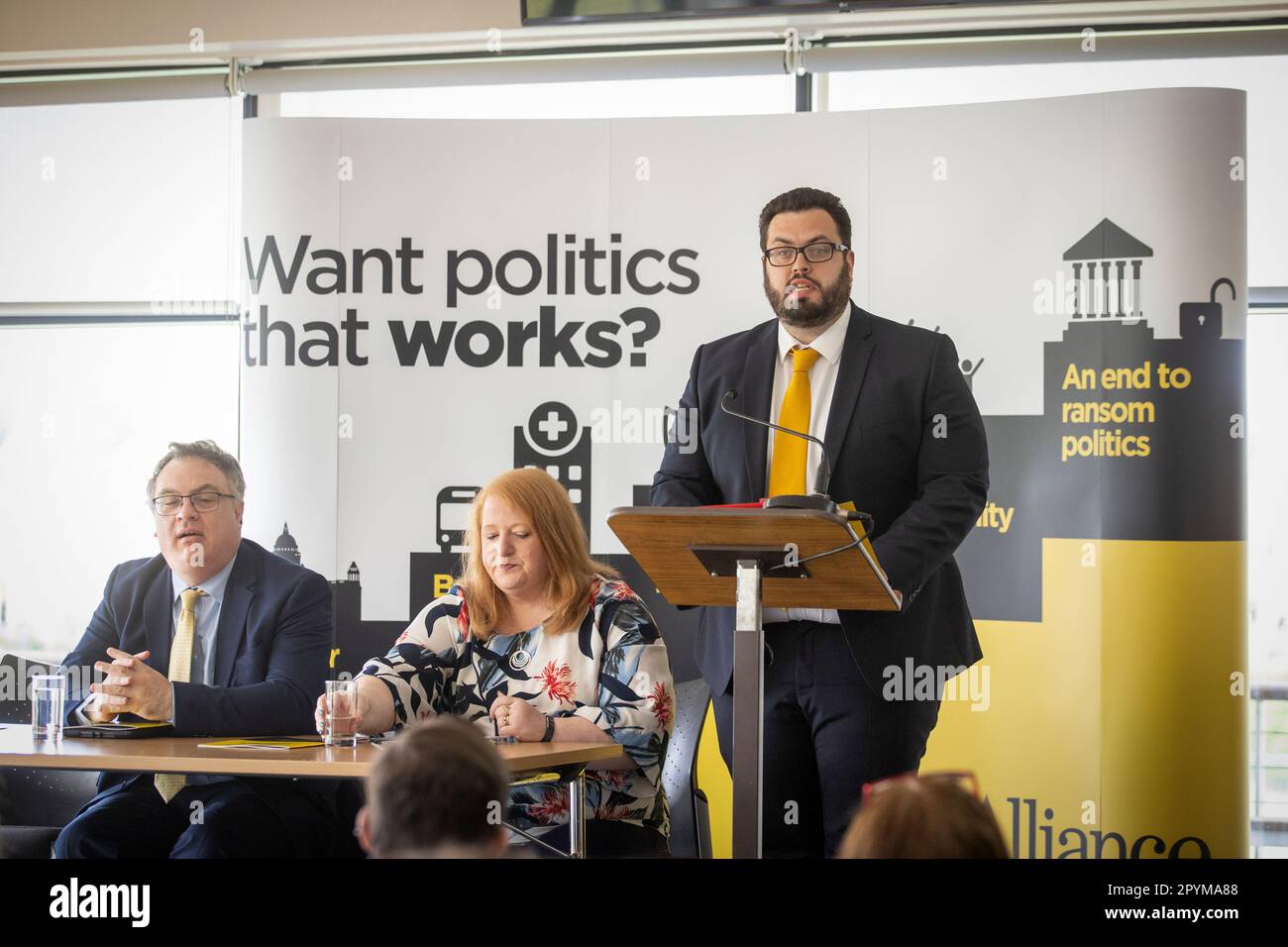 Alliance party chair Stephen Donnelly (right) speaks as leader Naomi ...
