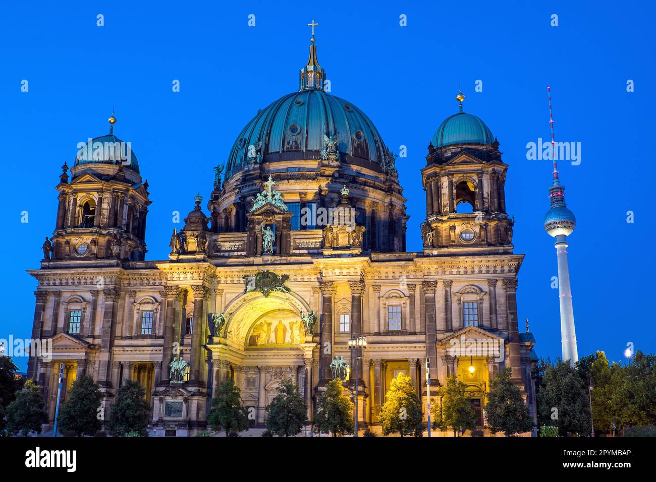 Cathedral and TV Tower in Berlin by night Stock Photo - Alamy