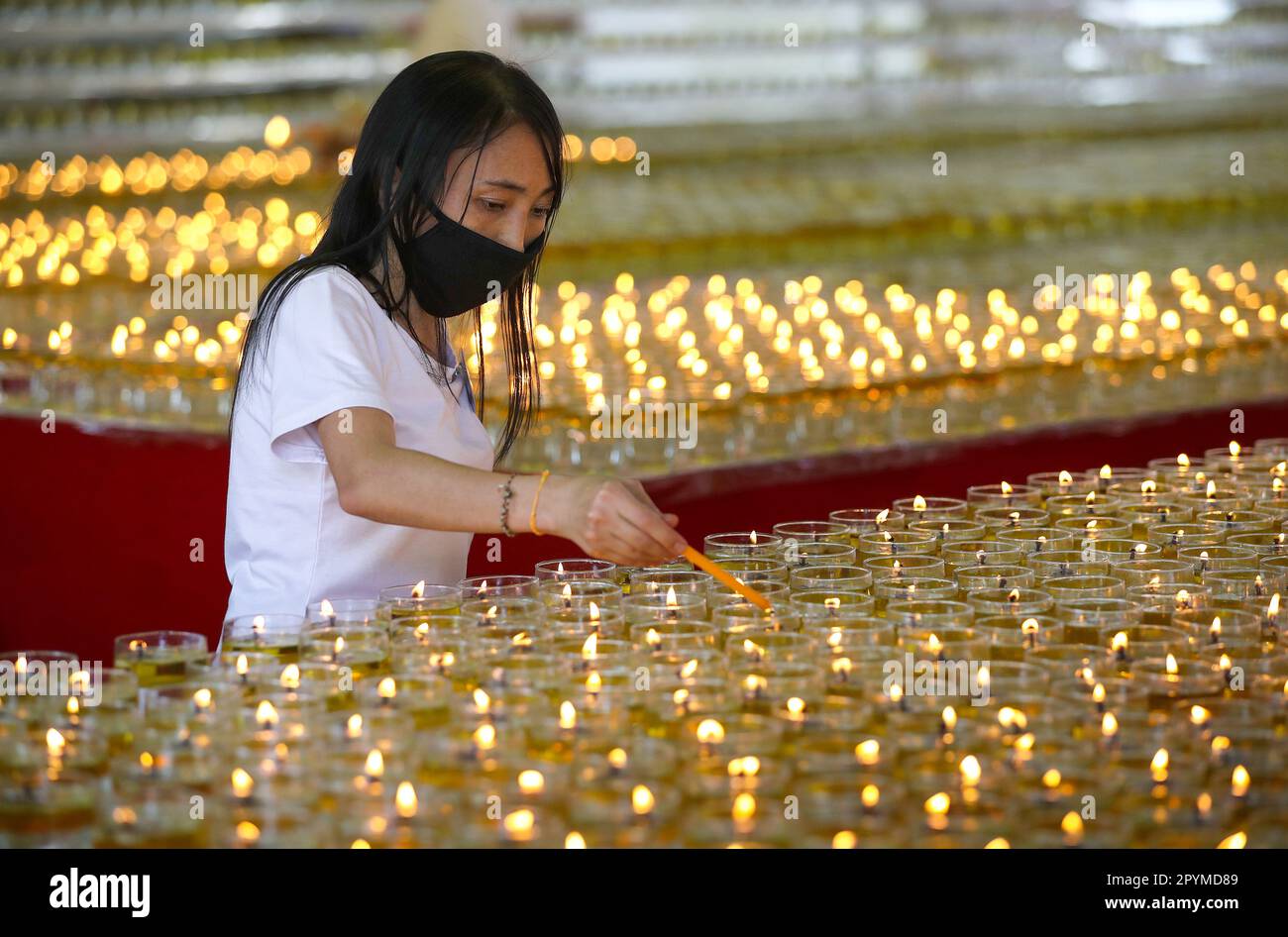 A devotee lights the oil lamps during the Wesak Day celebrations at ...