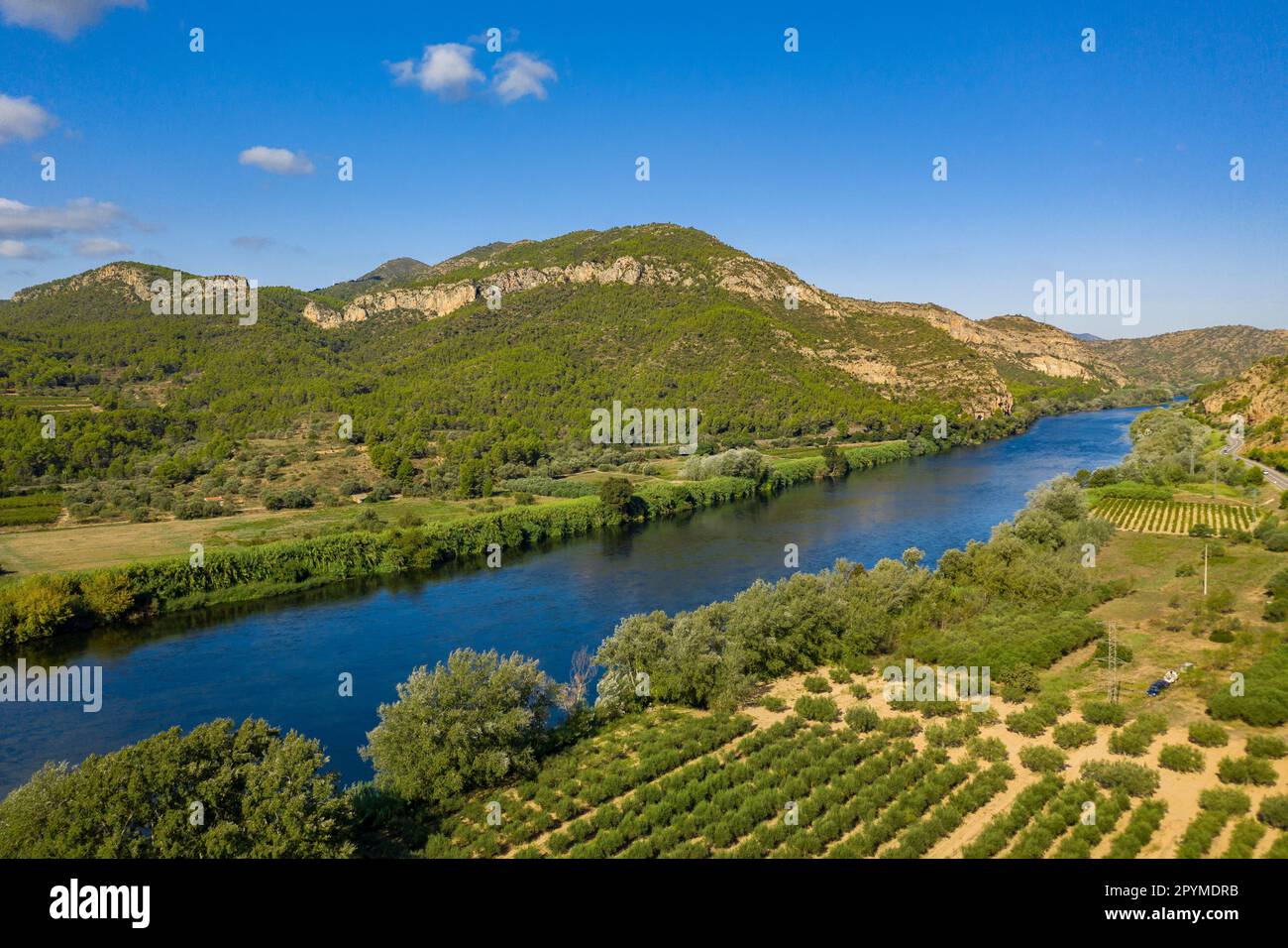 Aerial view of the Pas de l'Ase gorge with the valley formed by the Ebro river (Ribera d'Ebre ...