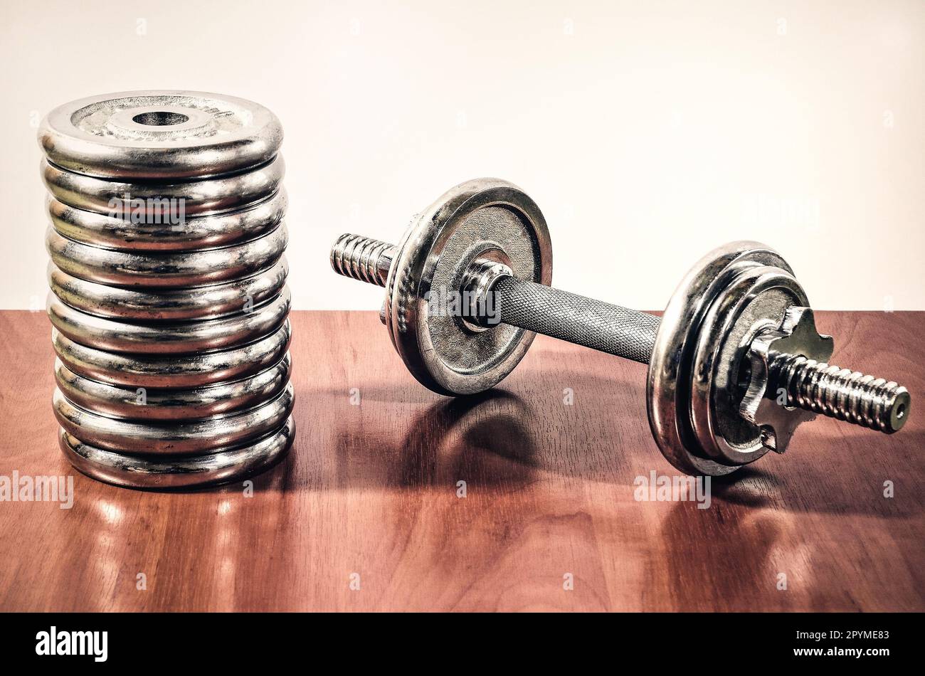 Fitness exercise equipment. Exercise weights, iron dumbbell with extra ...