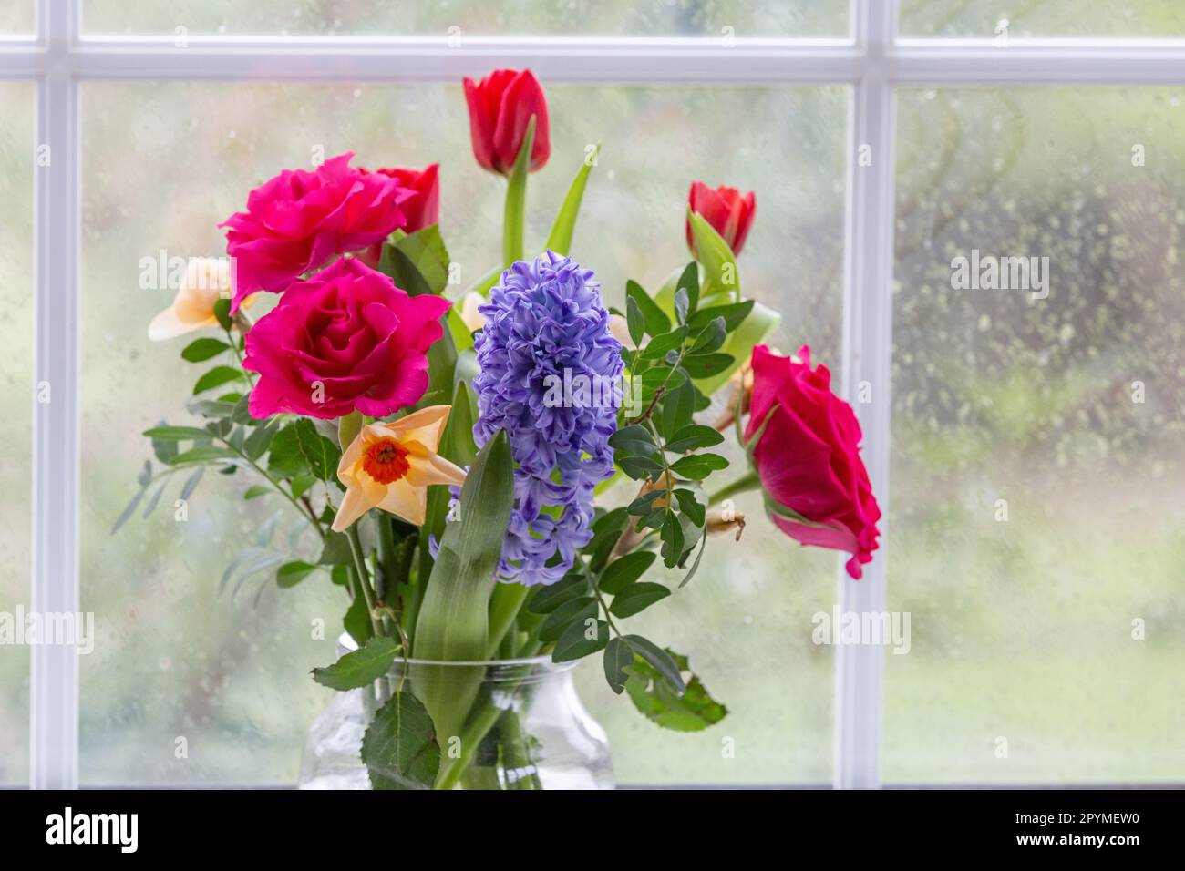 A vase of spring flowers (hyacinth, roses, daffodils and tulips) on a ...