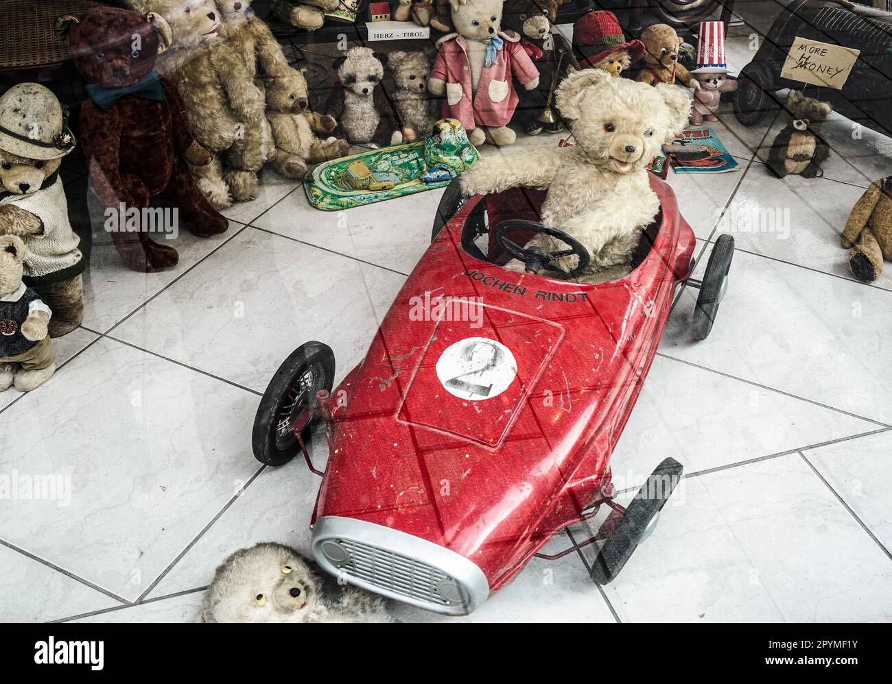 Teddy bear driving a racing car in a shop window in Vienna Stock Photo ...