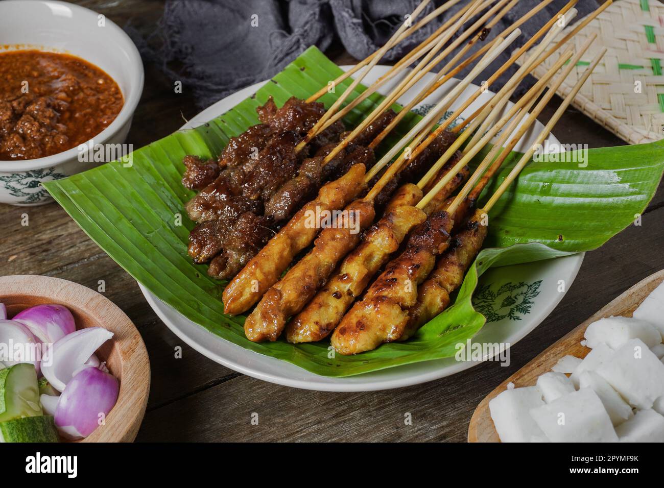 Grilled food chicken and beef satay eaten with peanut sauce is famous ...