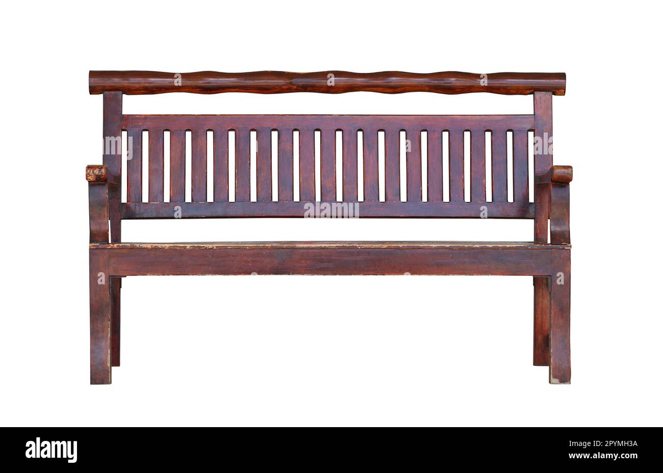 Blank old wooden outdoor bench isolated on white background and have ...