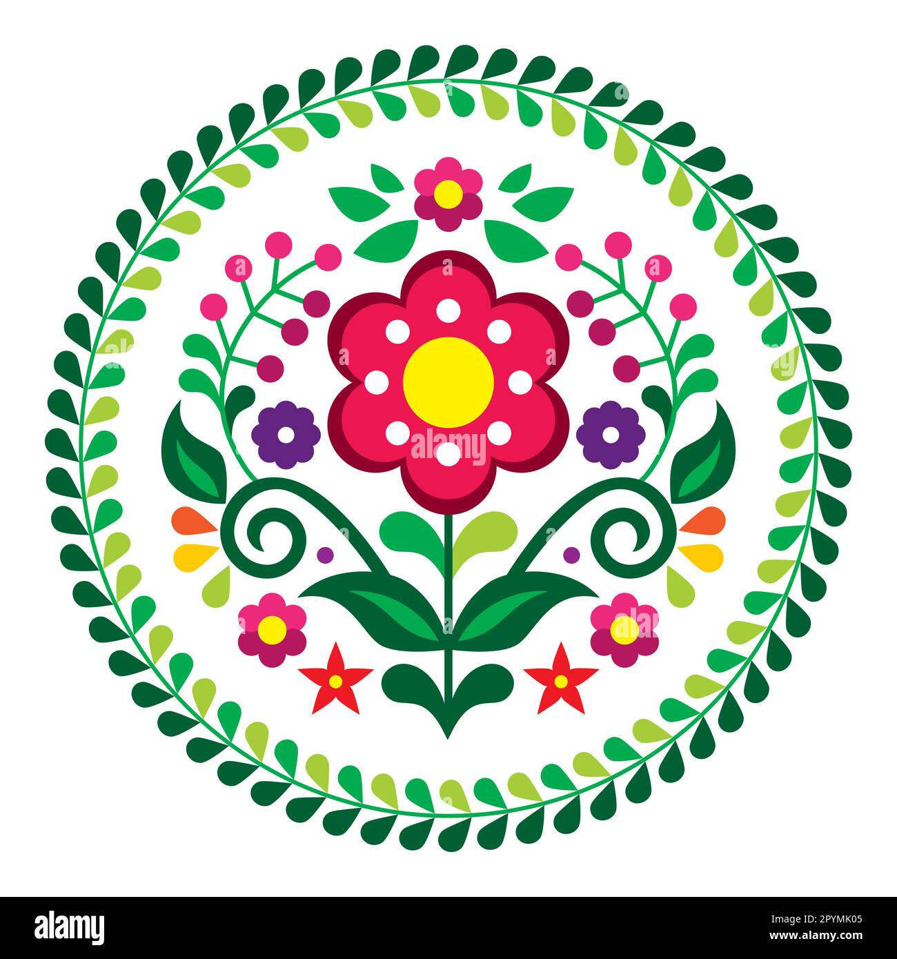Mexican folk art style vector mandala floral pattern in frame, colorful ...