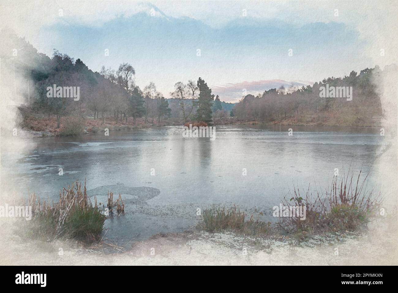 A digital watercolour painting of the woods and fishing lakes at ...
