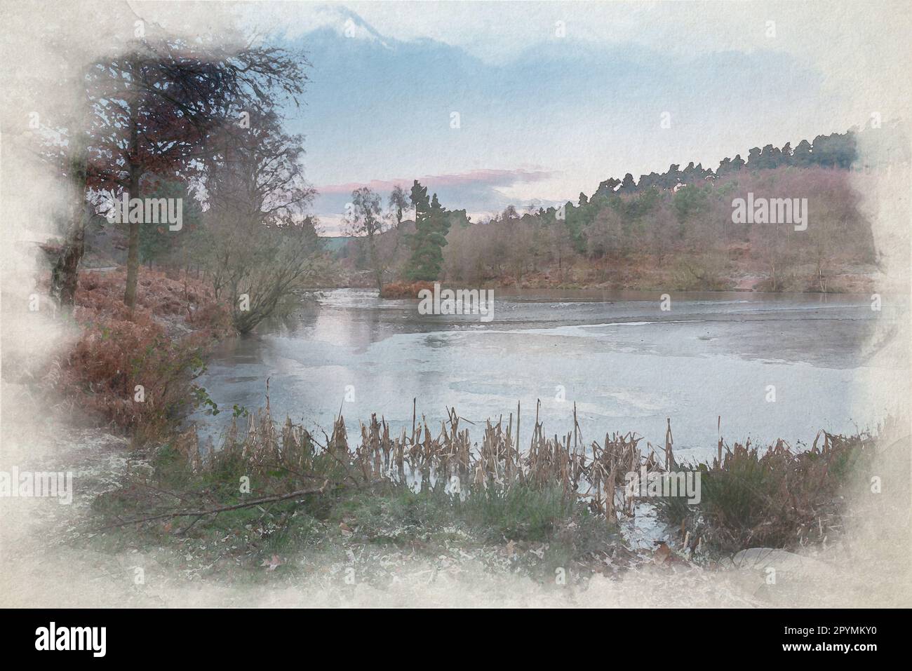 A digital watercolour painting of the woods and fishing lakes at ...
