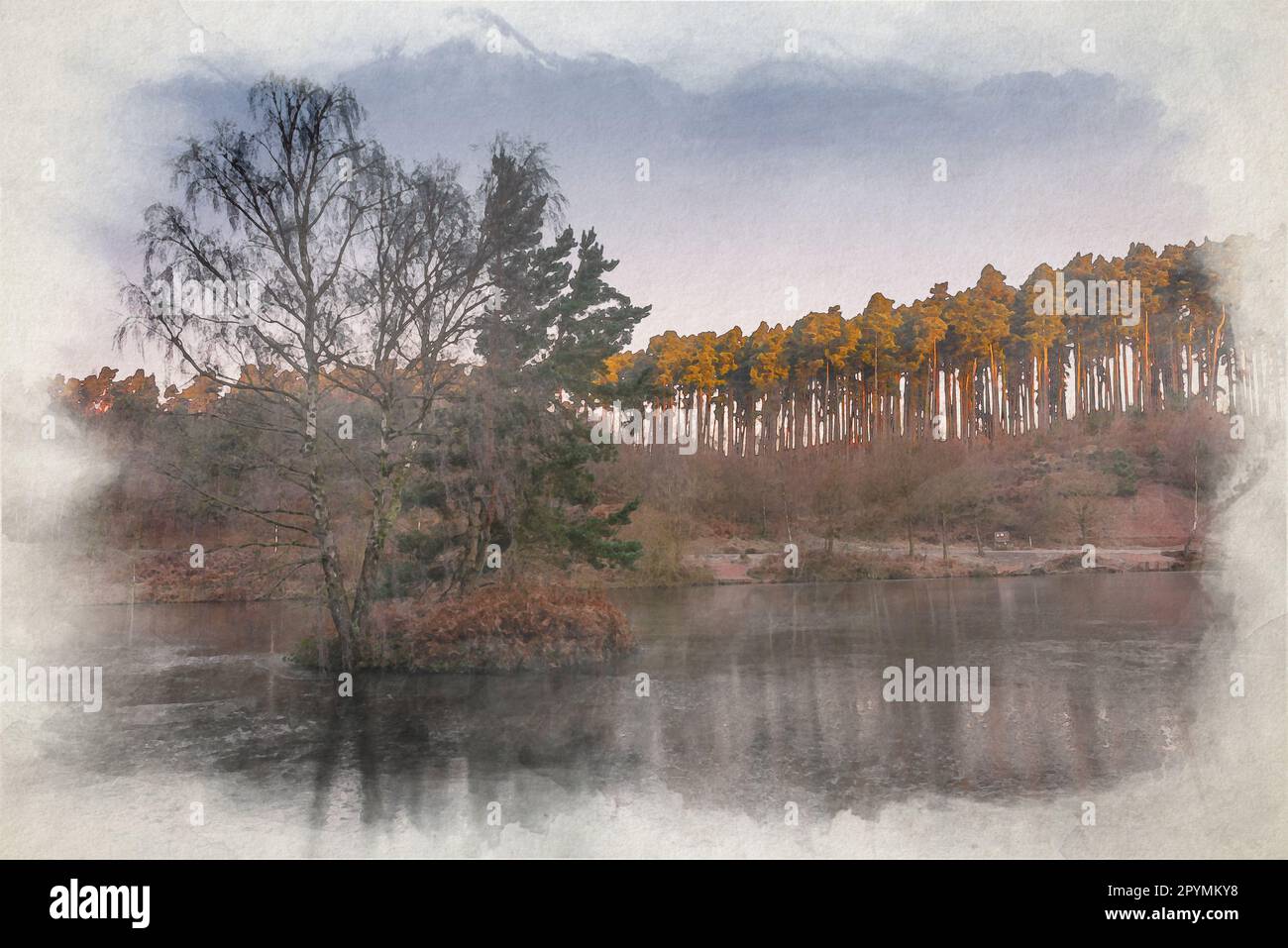 A digital watercolour painting of the woods and fishing lakes at ...
