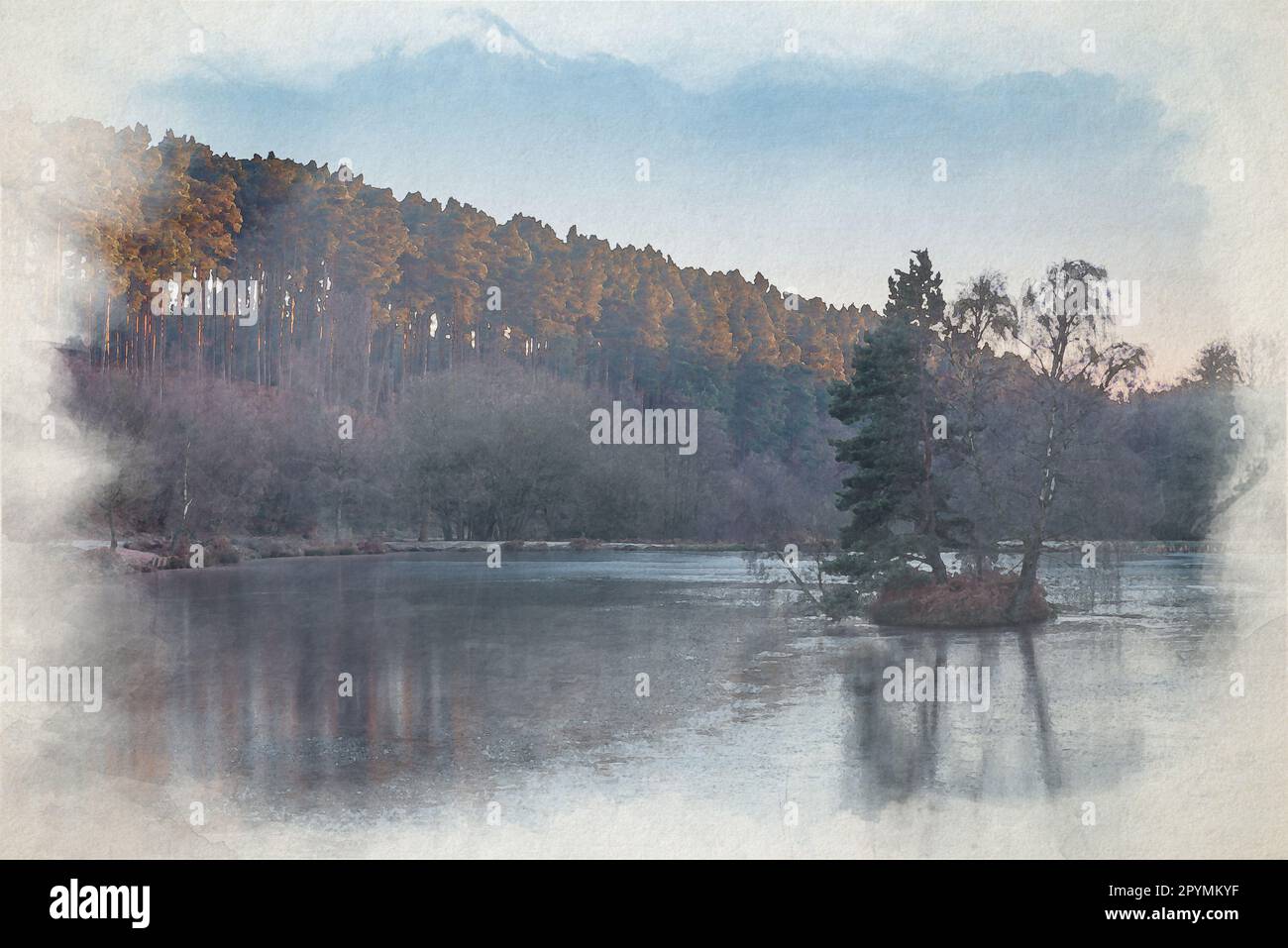 A digital watercolour painting of the woods and fishing lakes at ...