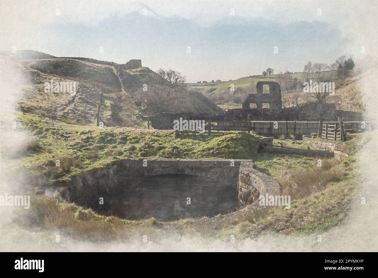A digital watercolour painting of the ruins of Cheesden Lum Mill and ...