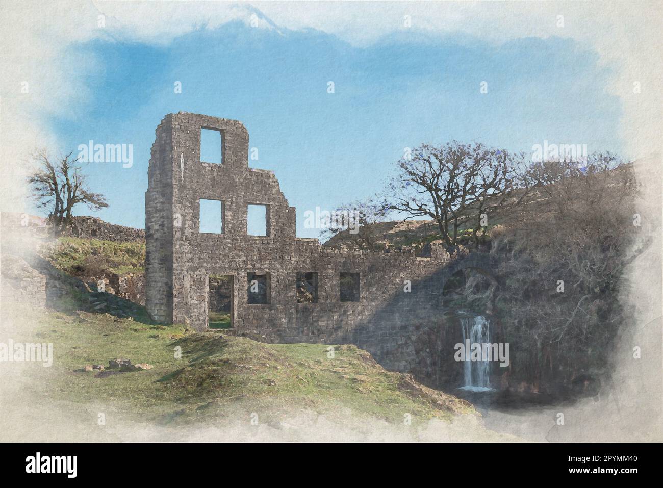 A digital watercolour painting of the ruins of Cheesden Lum Mill and ...