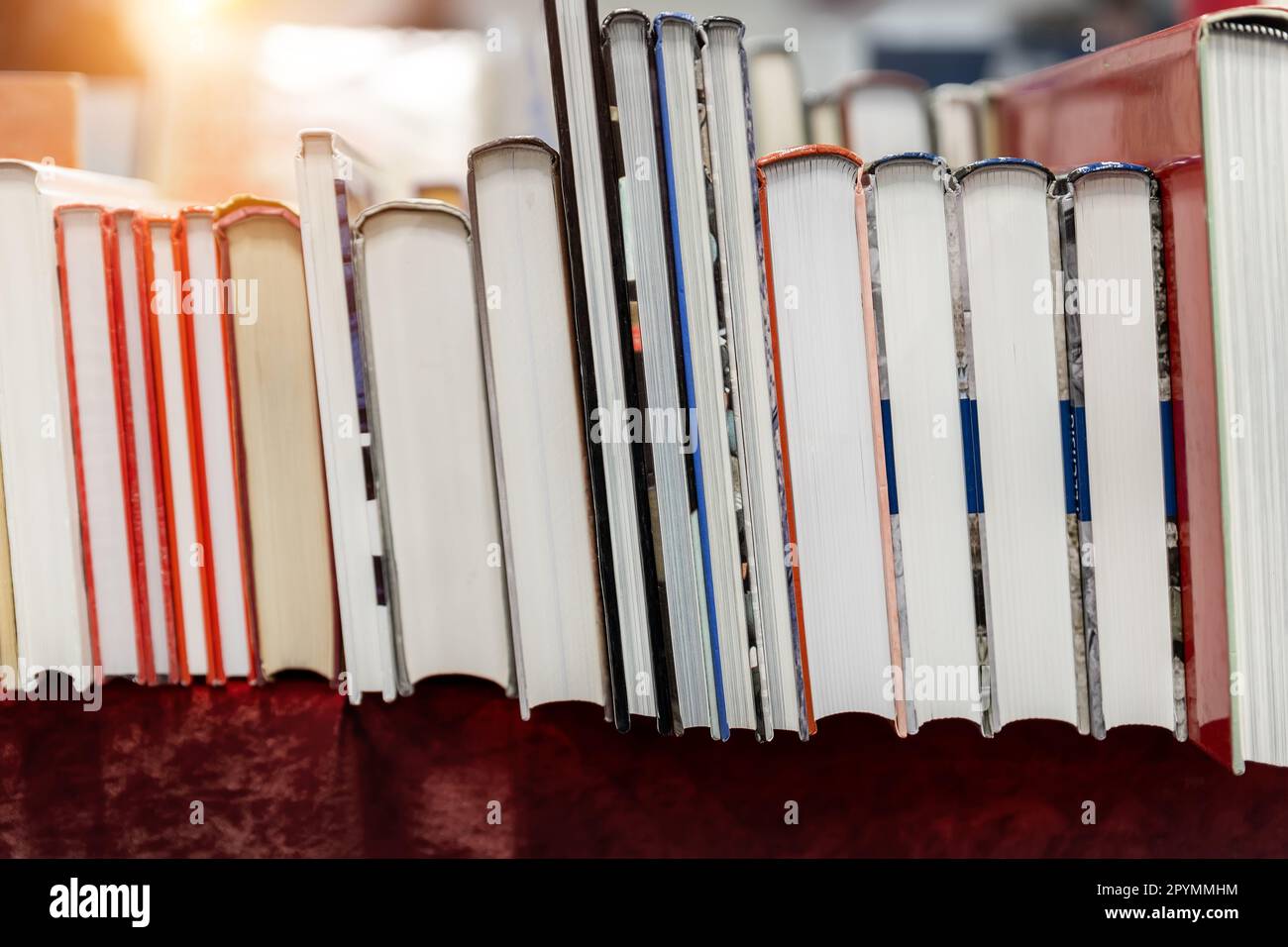 Row of old aged books at flea market. Vintage retro literature print on ...