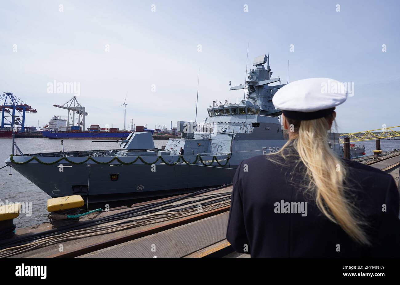 Hamburg, Germany. 04th May, 2023. The corvette F266 "Emden", second of ...