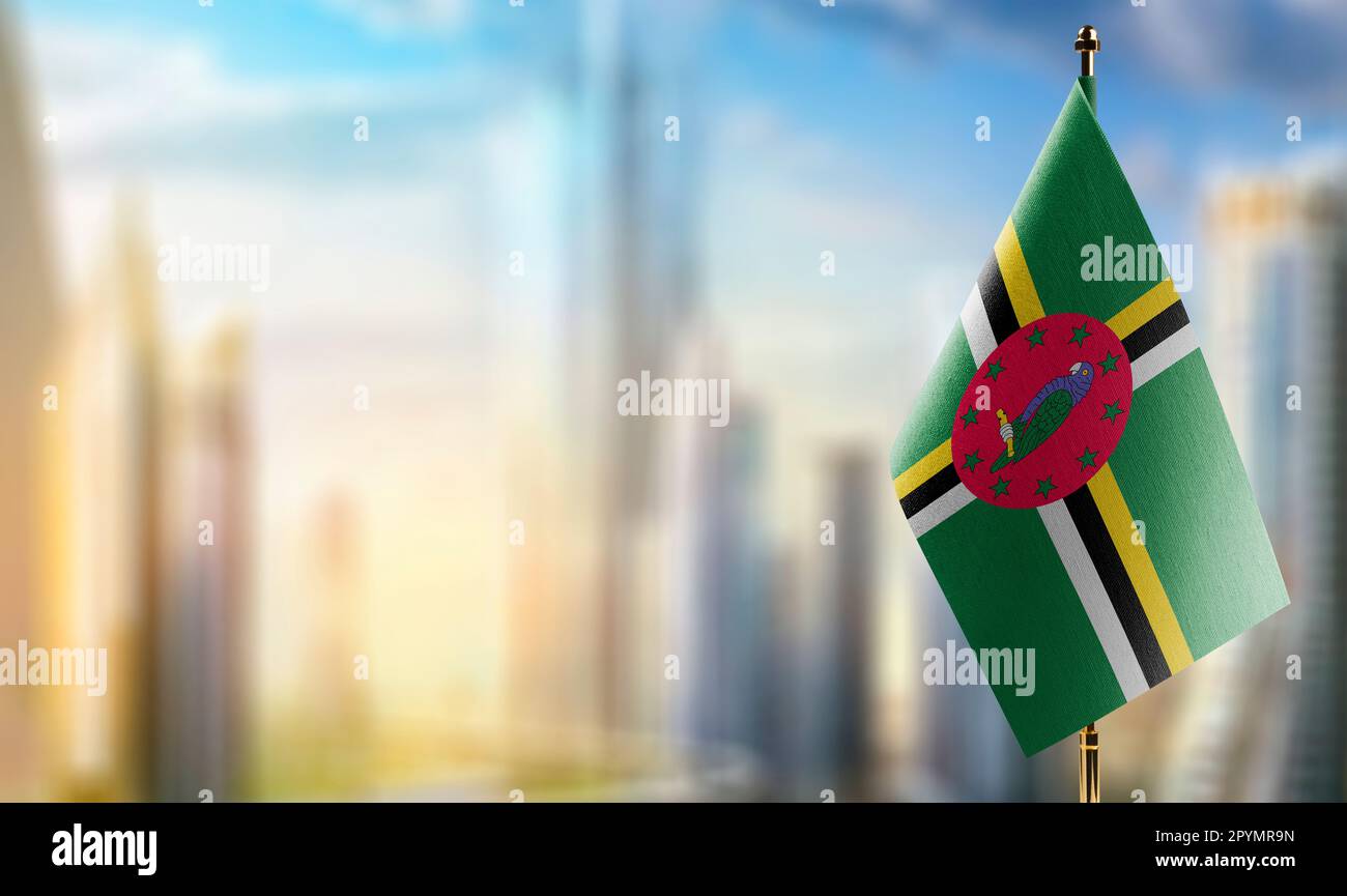 Small flags of the Dominica on an abstract blurry background Stock ...