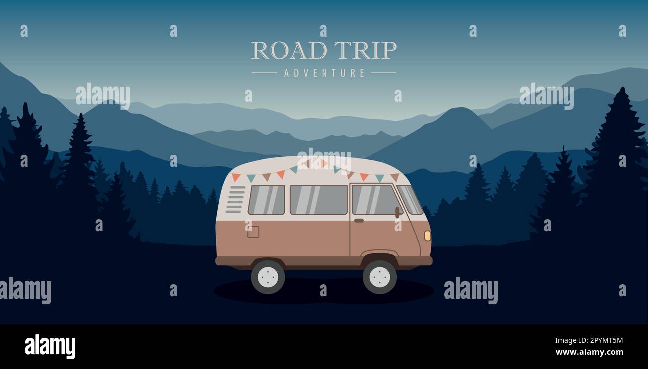 road trip adventure in the wilderness with camper van Stock Vector ...