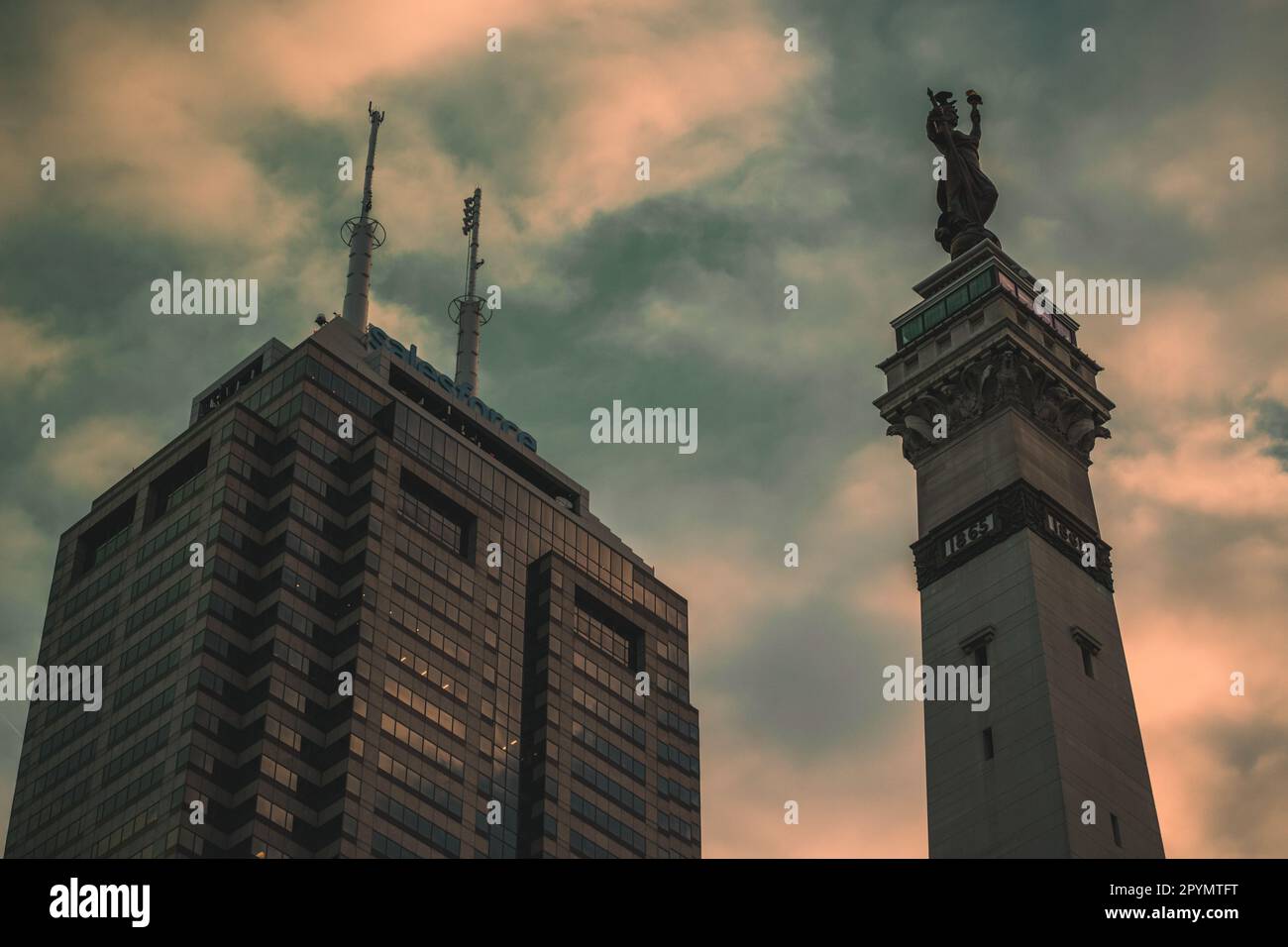 The downtown Indianapolis, Indiana featuring the iconic Monument Circle ...