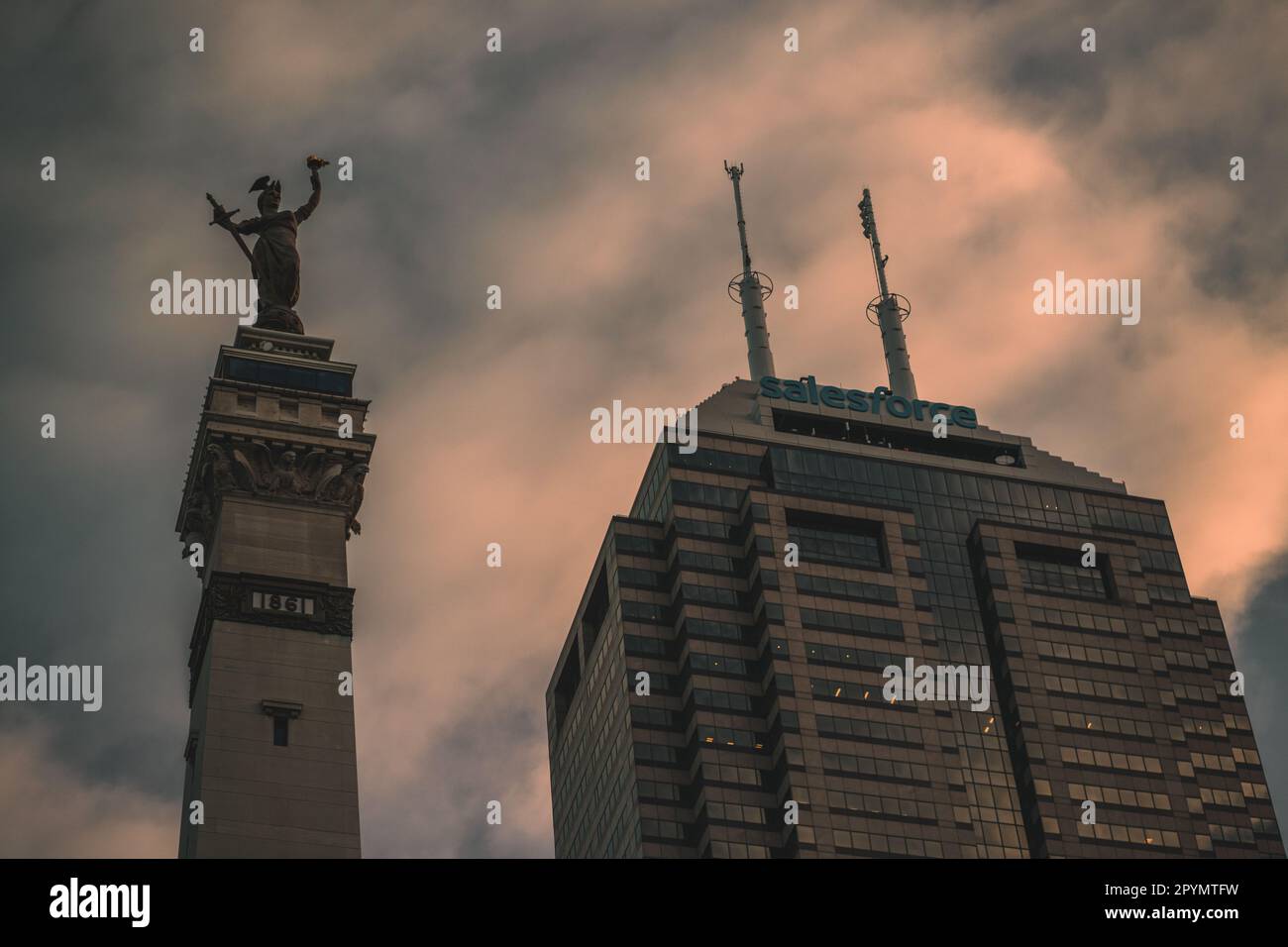 The downtown Indianapolis, Indiana featuring the iconic Monument Circle ...