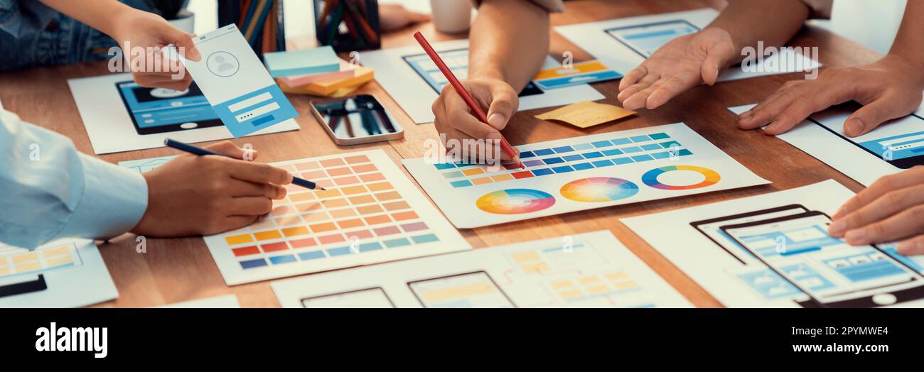 Panorama shot of front-end developer team brainstorming UI and UX ...