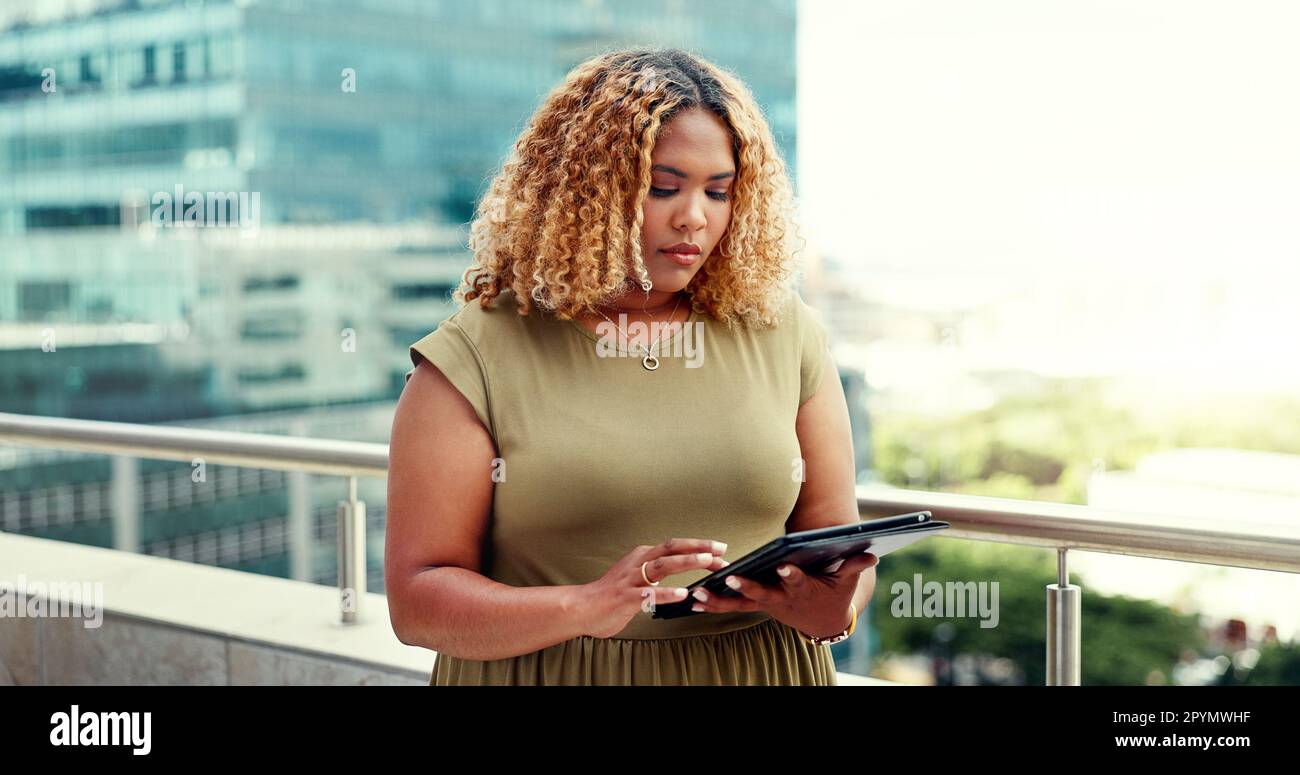 Business woman, happy portrait and tablet while in city for online ...