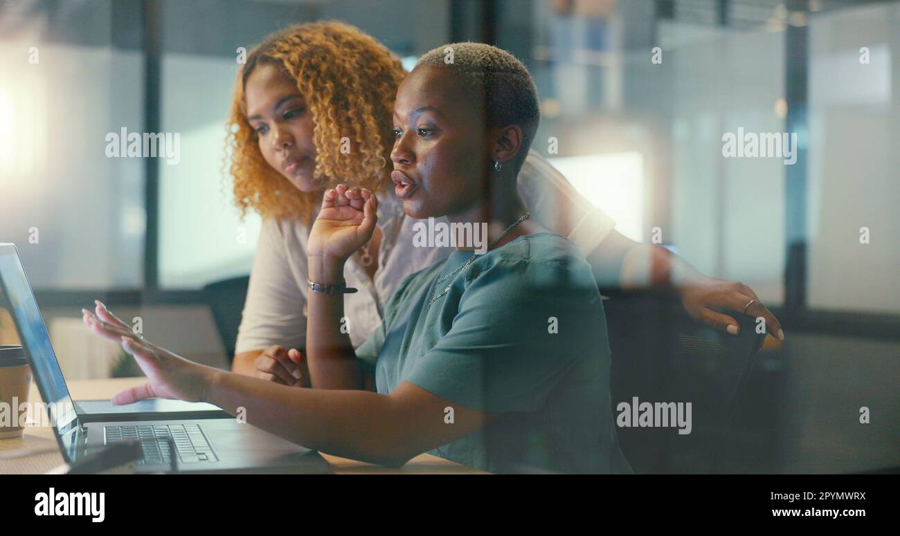 Office glass window, laptop and team communication on social network ...