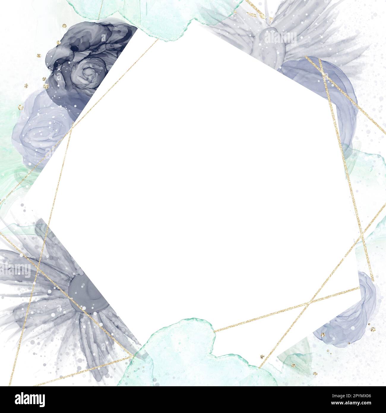 Alcohol ink art square banner. Classical navy blue flowers on white ...