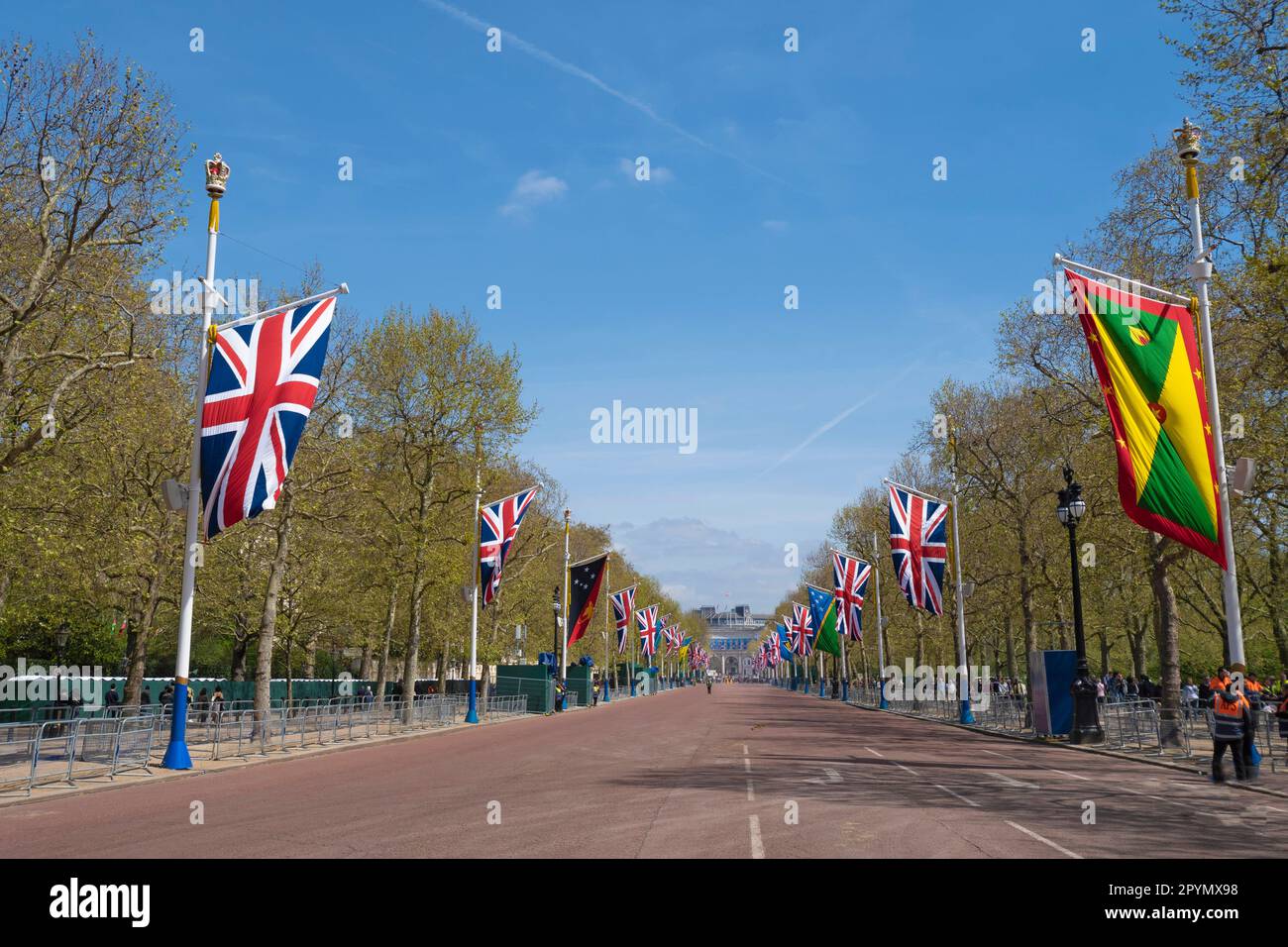 London UK May 3 2023 THE MALL Flags and ..guard rails along the Mall ...