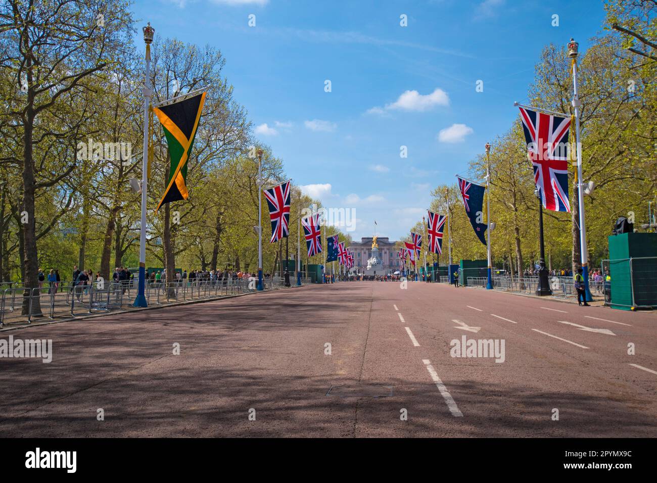 London UK May 3 2023 THE MALL Flags and ..guard rails along the Mall ...