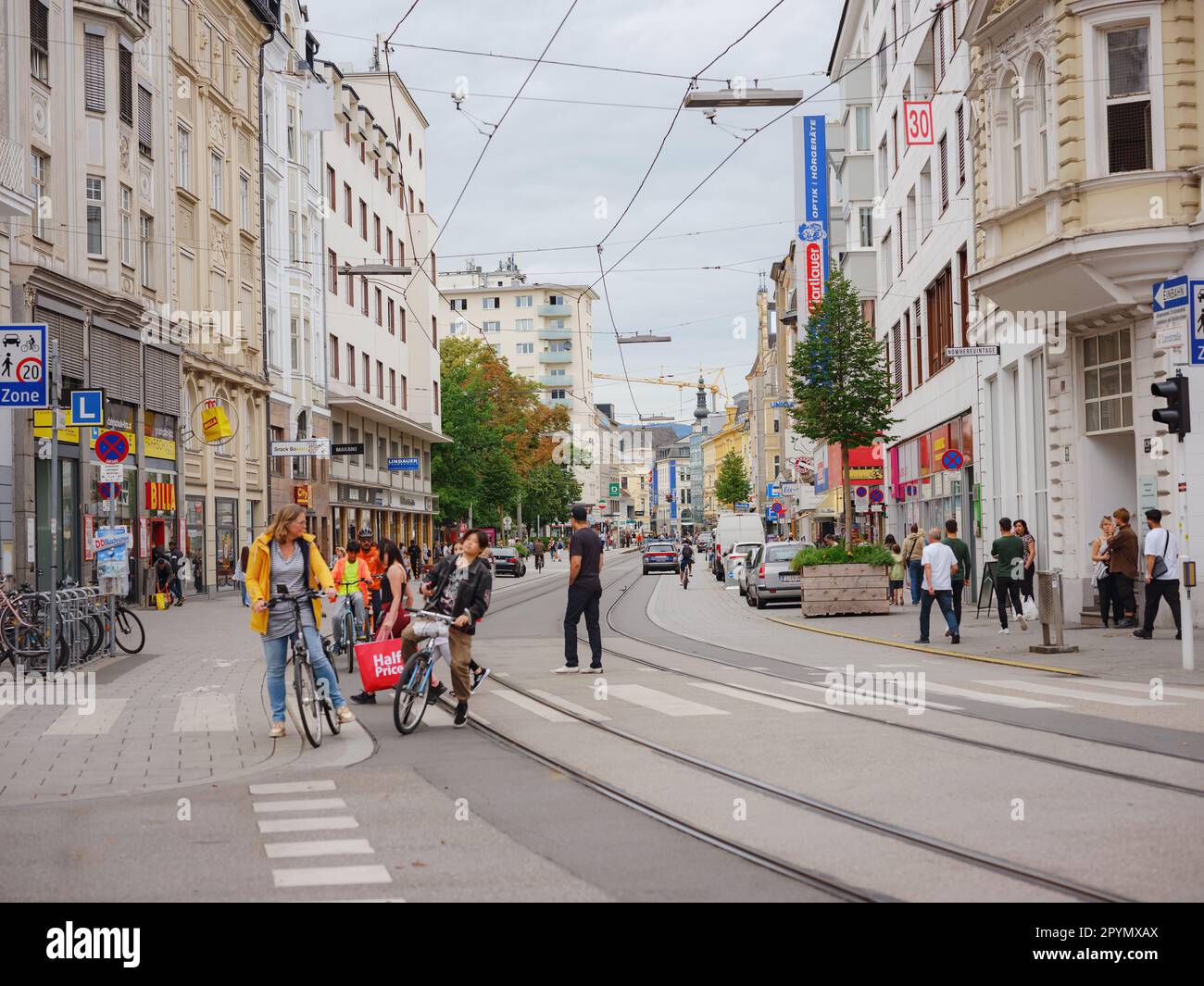Linz, Austria - August 6, 2022 : View through the main street of the ...