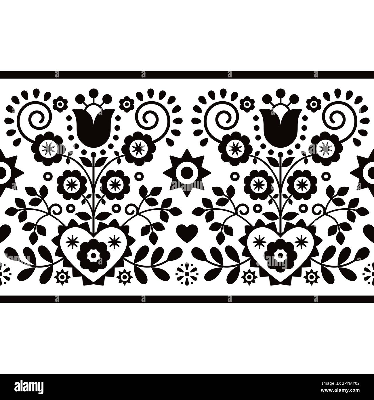 Polish folk art vector seamless long vertical black and white pattern ...
