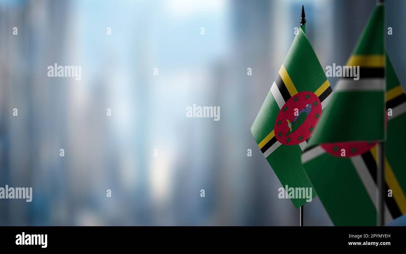 Small flags of the Dominica on an abstract blurry background Stock ...