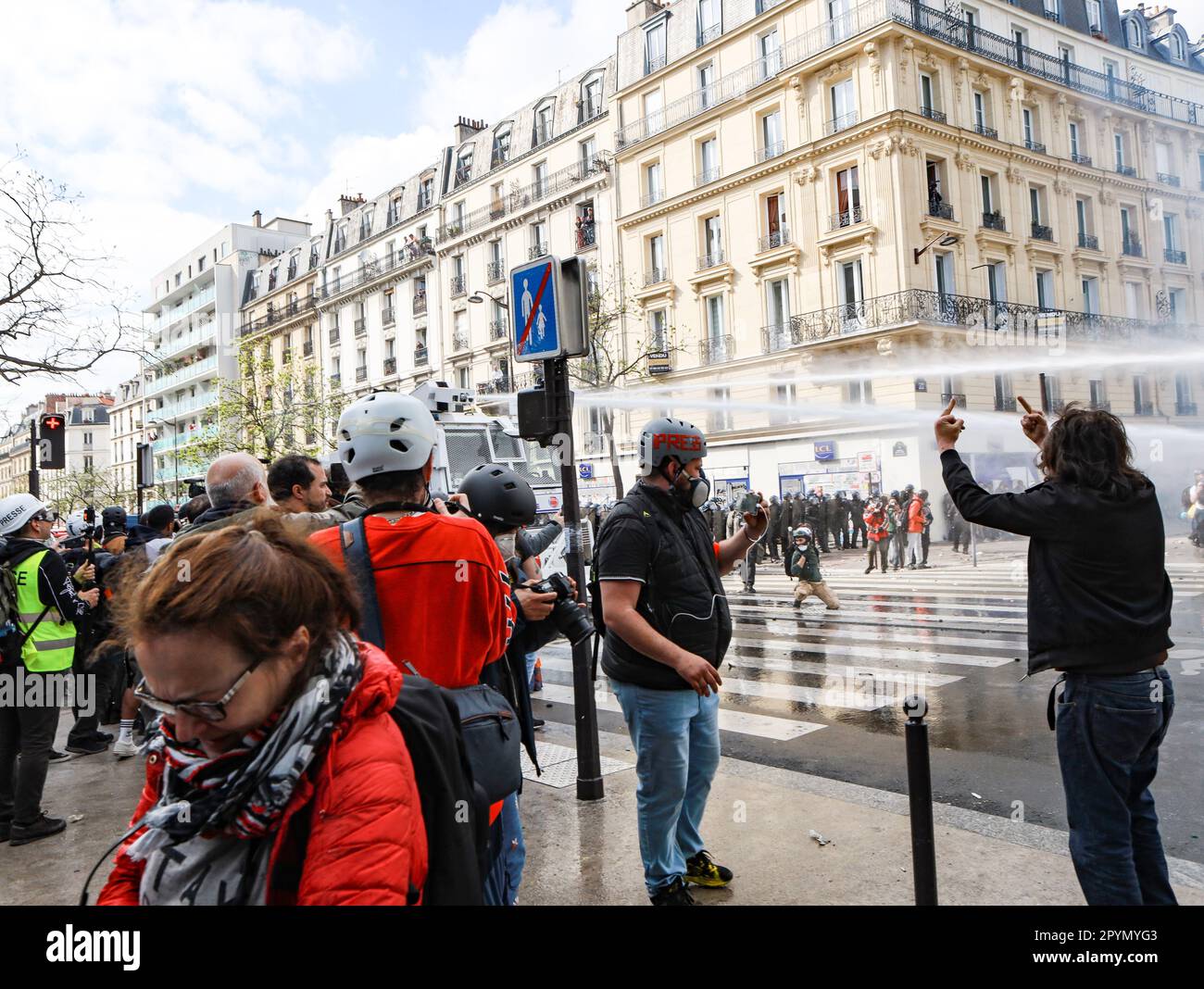 Paris, France. 1st May, 2023. French police forces clash with demonstrators in the Nation Square ...
